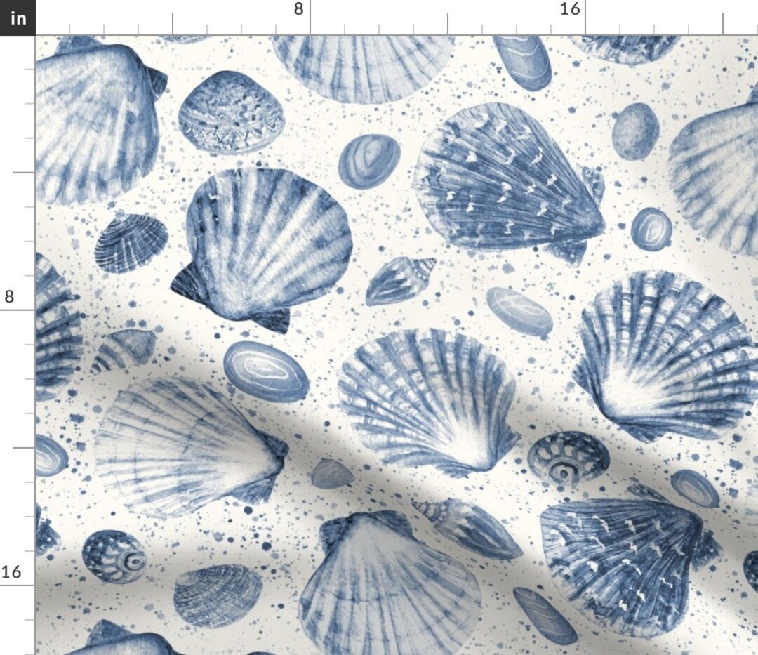 Blue Shells Fabric Watercolor Seashells by Olgersart Coastal Beach ...