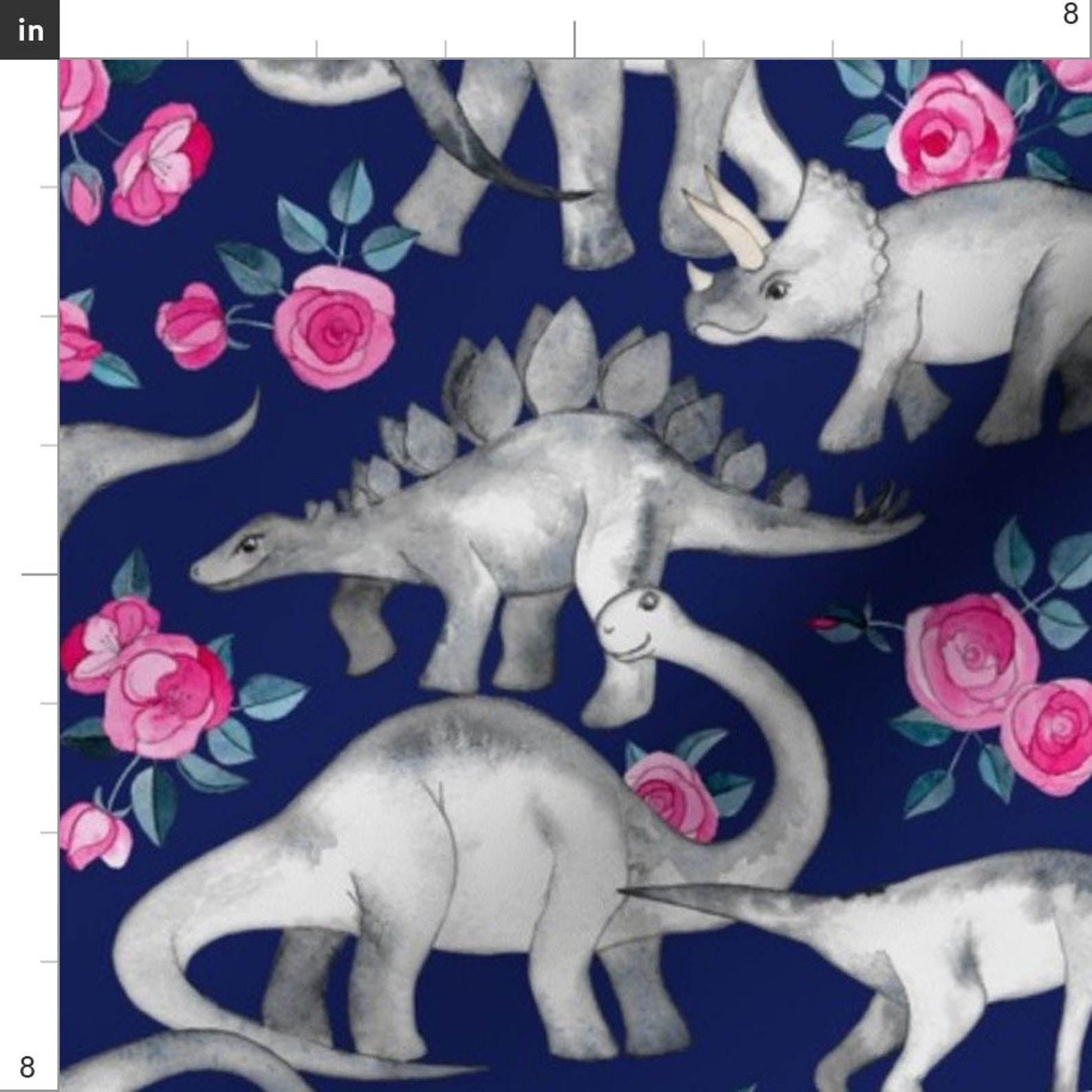 Floral Watercolor Dinosaur Fabric Dinosaurs and Roses on - Etsy