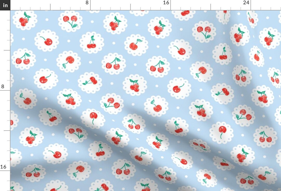 Cherries Fabric - Vintage Red Cherries Blue Doily by Twodreamsshop ...