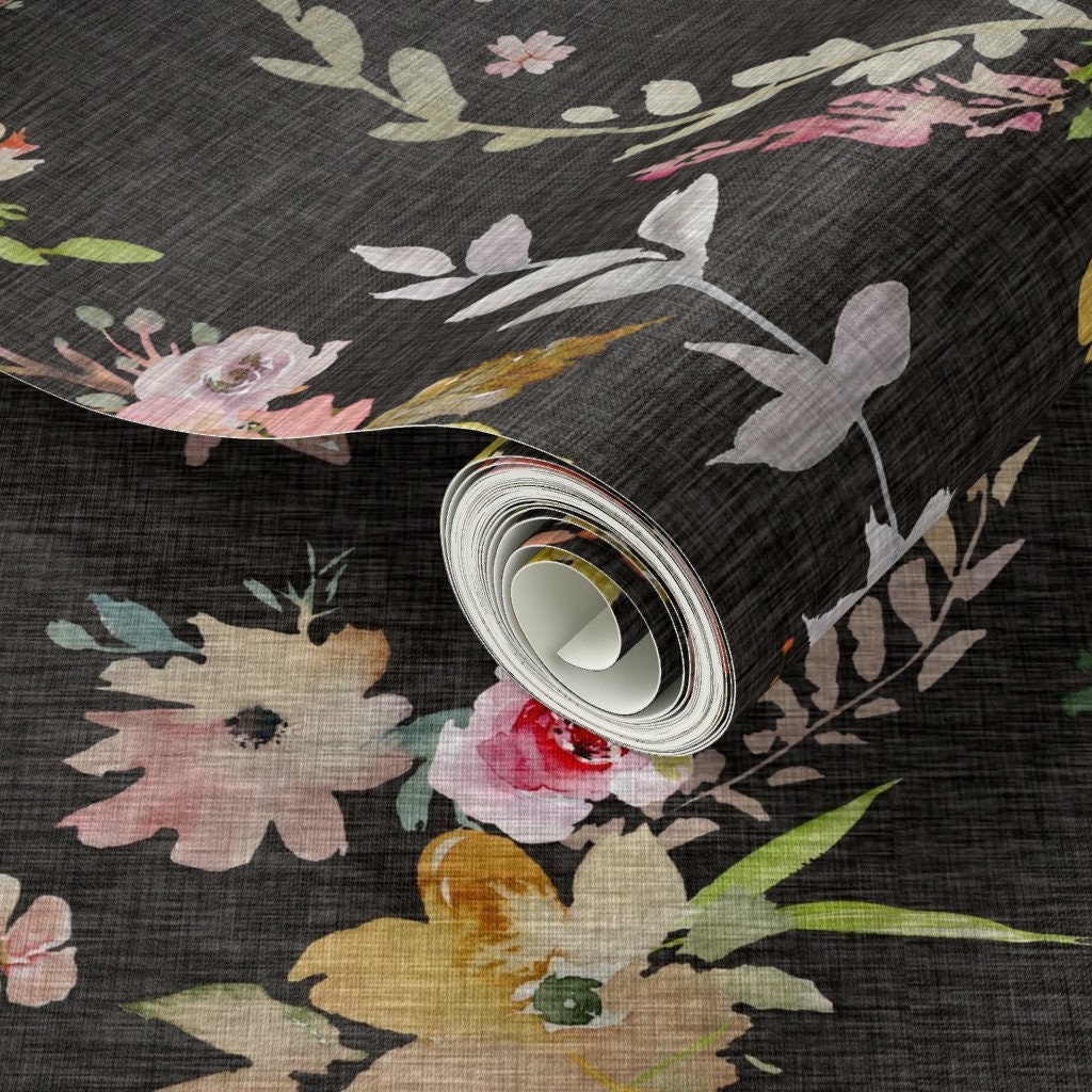 Floral Wallpaper 9 Meadow Floral Black by Sugarpinedesign - Etsy