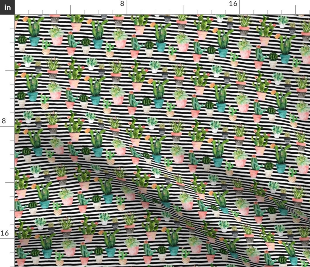 Cactus Collection on Striped Fabric Cactus Obsession Black White ...