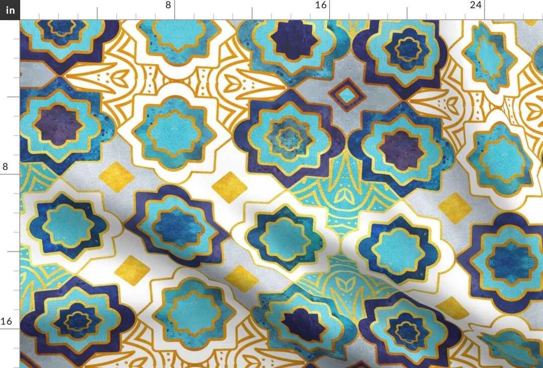 Moroccan Tiles Fabric - Marrakesh Gold and Blue Geometry Inspiration by ...