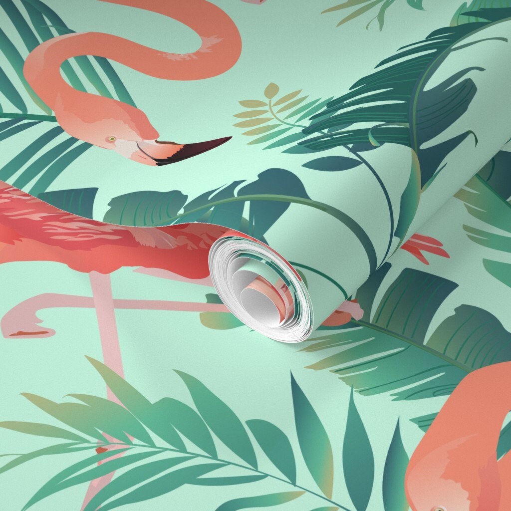 Flamingo Wallpaper Pink Flamingos on Teal Tropical by Khaus - Etsy