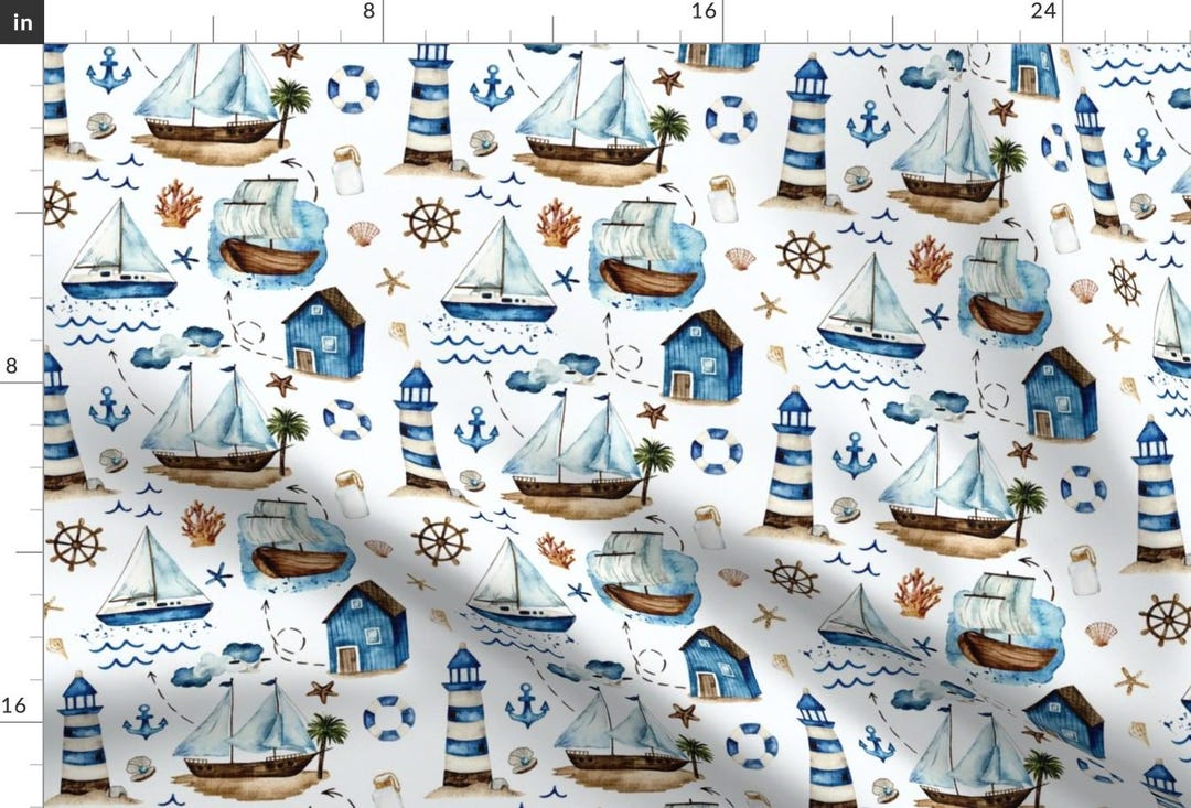 Nautical Sailboats Fabric - Sailing Adventures Icy Blue by ...