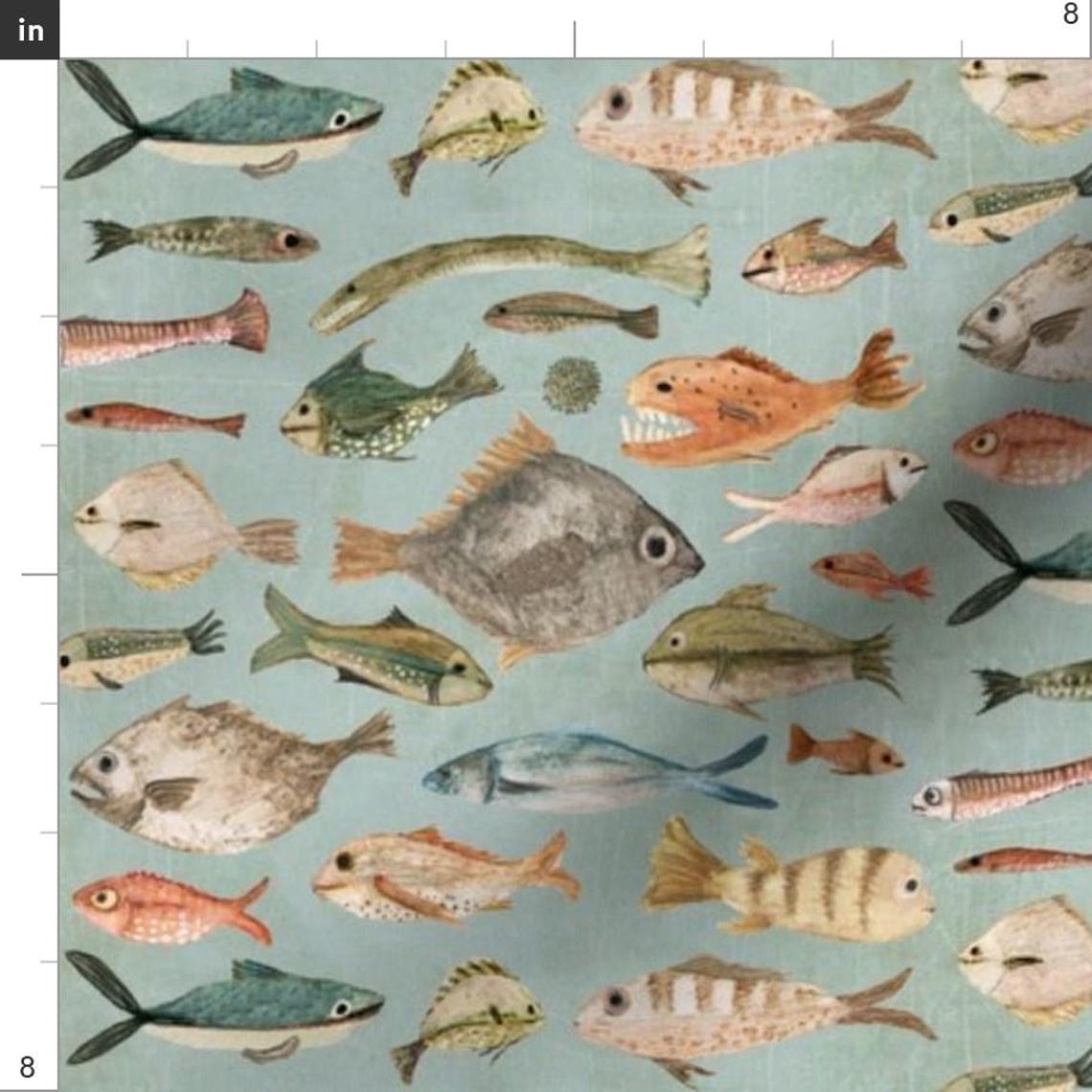 Colorful Fish on Blue Fabric - Fish in Duck Egg Blue by Katherine Quinn ...