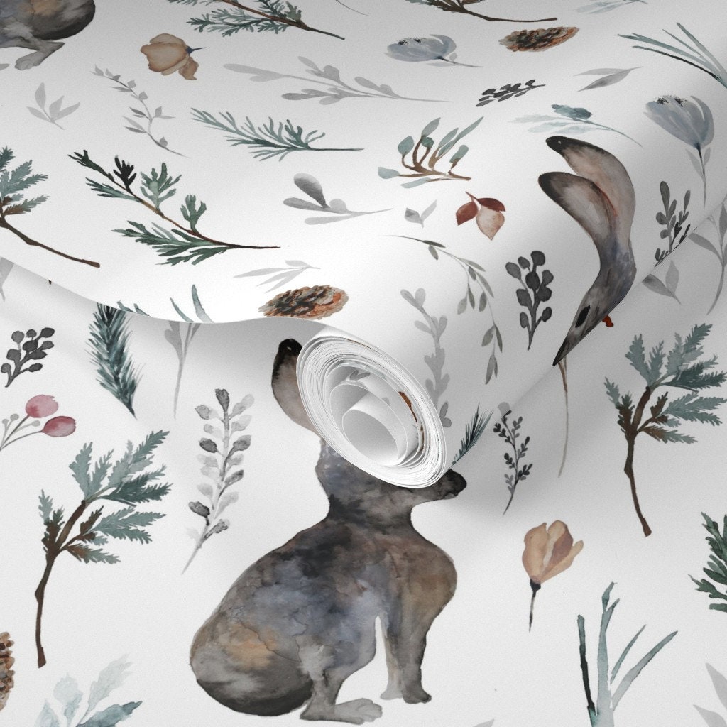 Nursery Wallpaper Woodland Bunnies by Hipkiddesigns White - Etsy