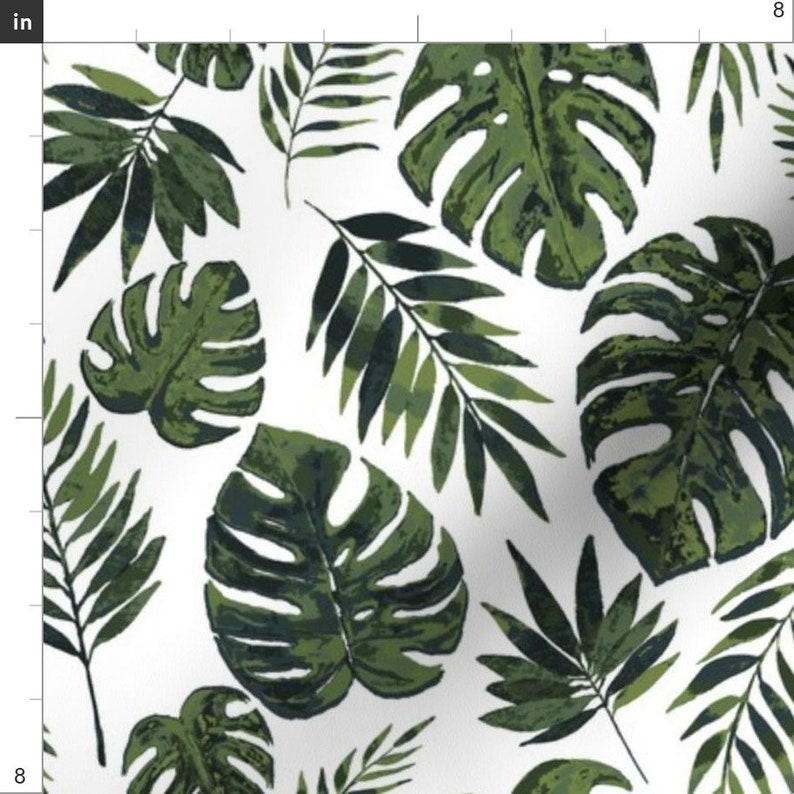 Tropical Green Leaves Fabric Tropical Leaves White by | Etsy