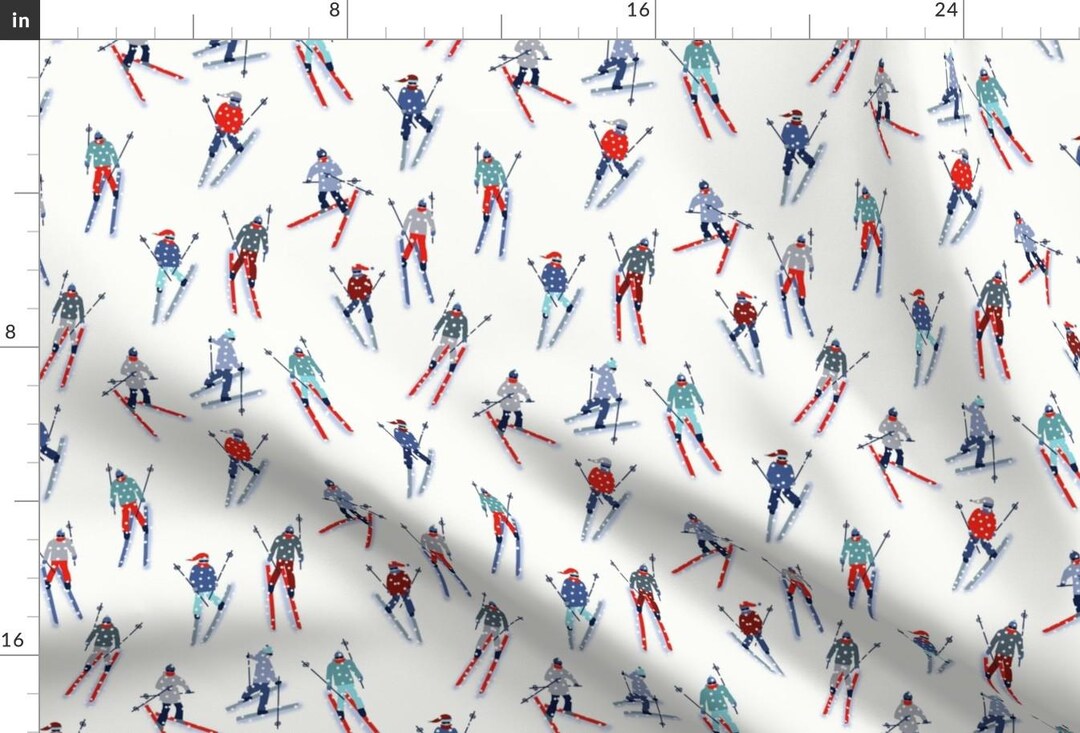 Skiing Winter Snowy Fabric - Downhill Skiers by Kee Design Studio - Ski ...