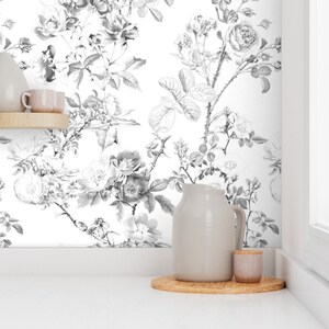 Floral Toile Wallpaper English Rose Black White by - Etsy