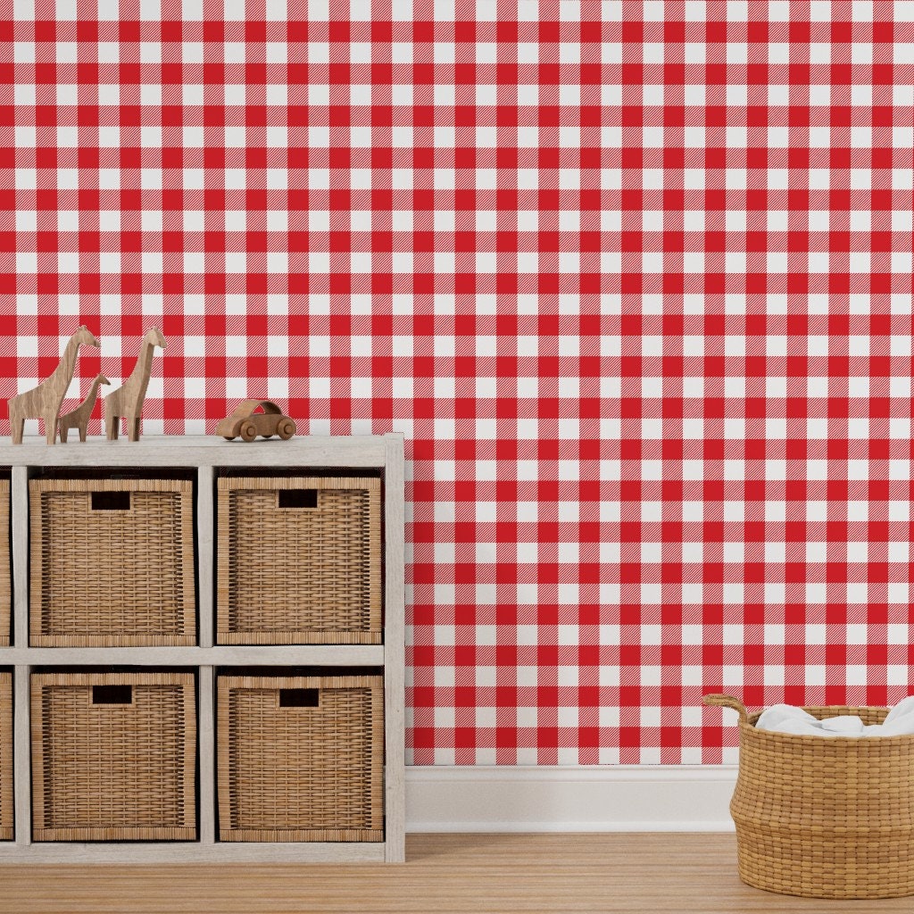 Modern Gingham Wallpaper Gingham Red One by Juliesfabrics - Etsy