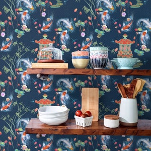 Japanese Wallpaper Japanese Water Garden Navy by Designed by Debby ...