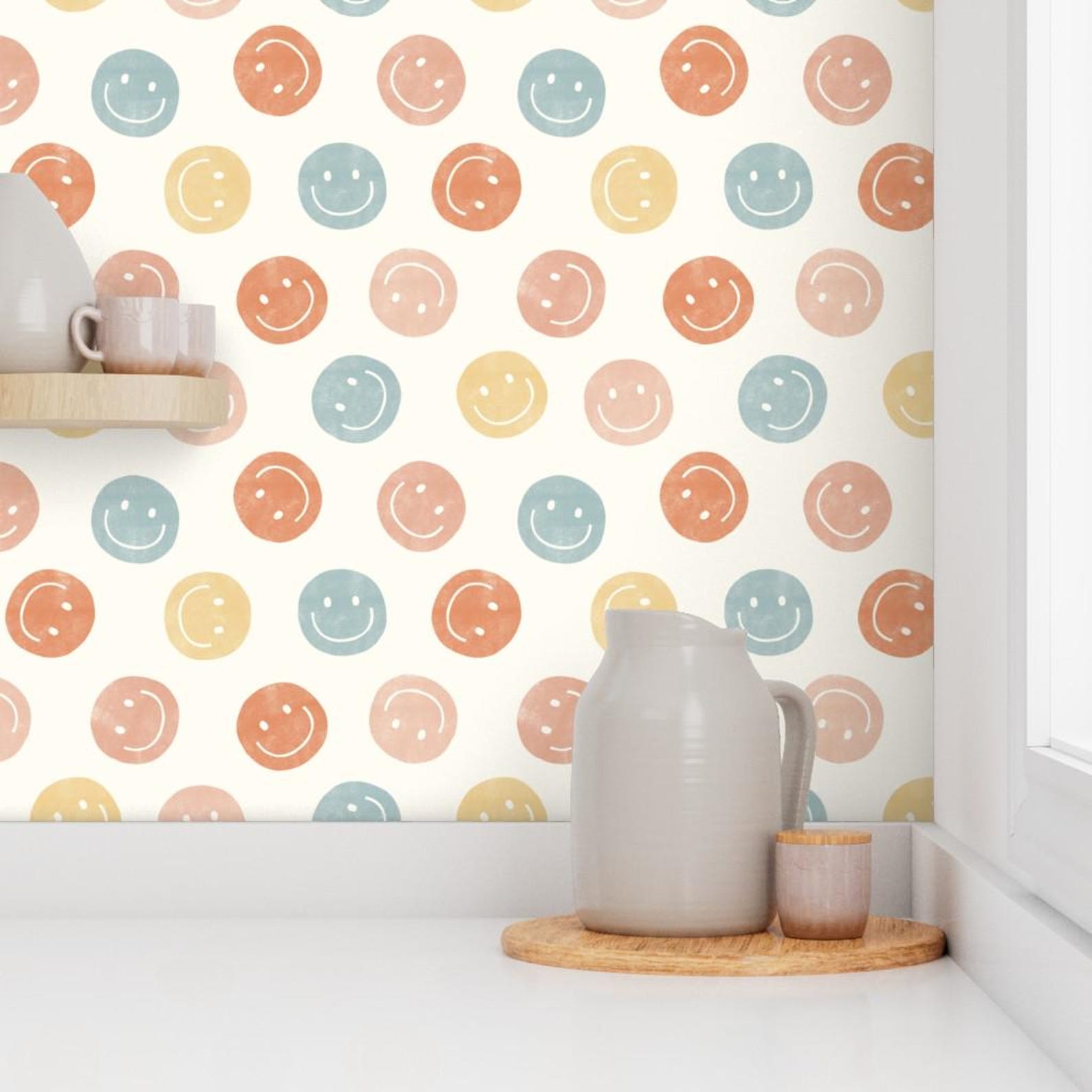 Boho Happy Face Removable Peel and Stick Wallpaper - Smiles Whimsical ...