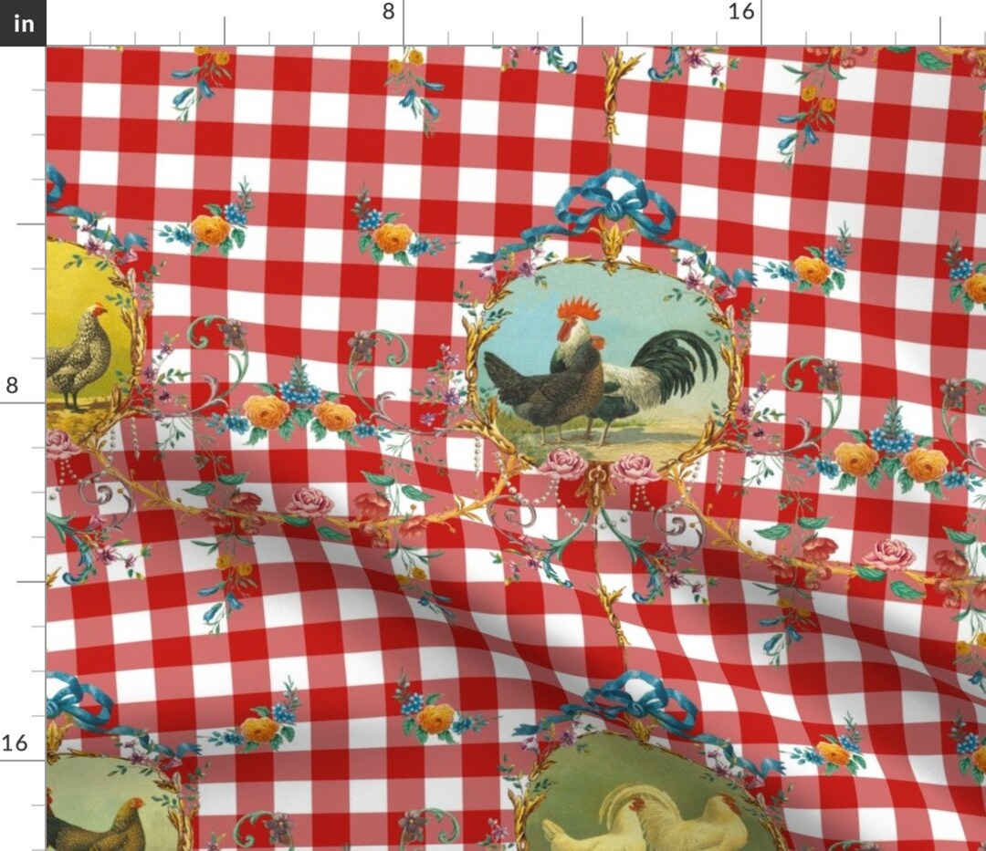 Gingham Chickens Fabric Le Toile De Poulet Strawberry Gingham by ...