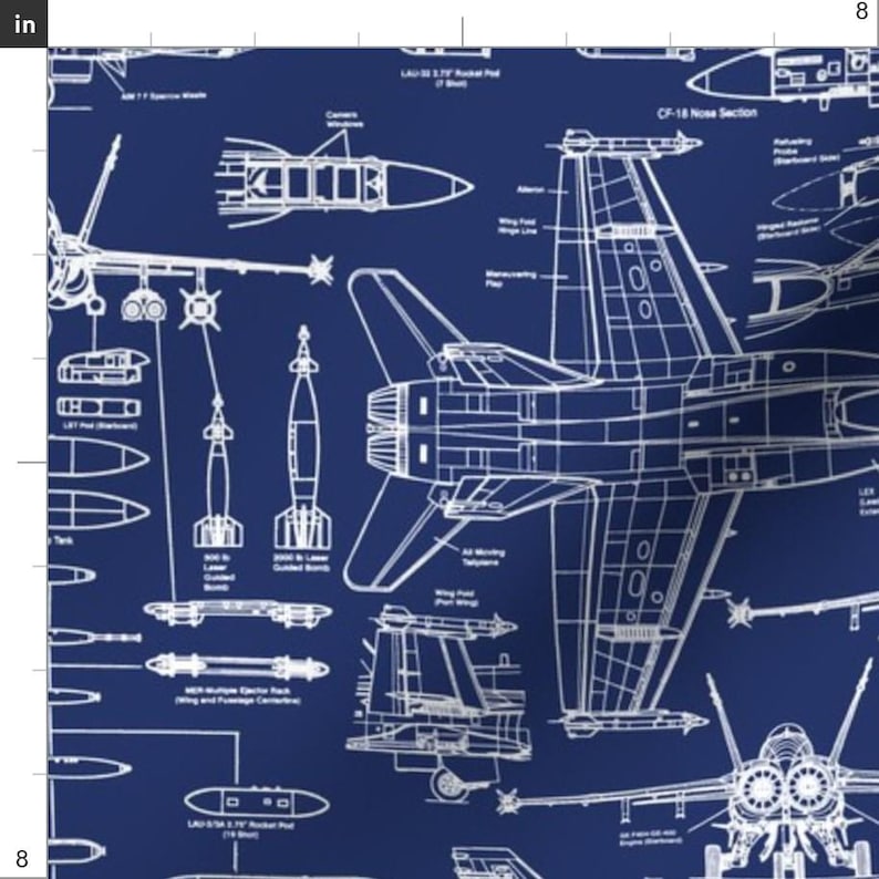 Fighter Planes Fabric - F-18 Blueprints by Thinlinetextiles - Blueprint ...