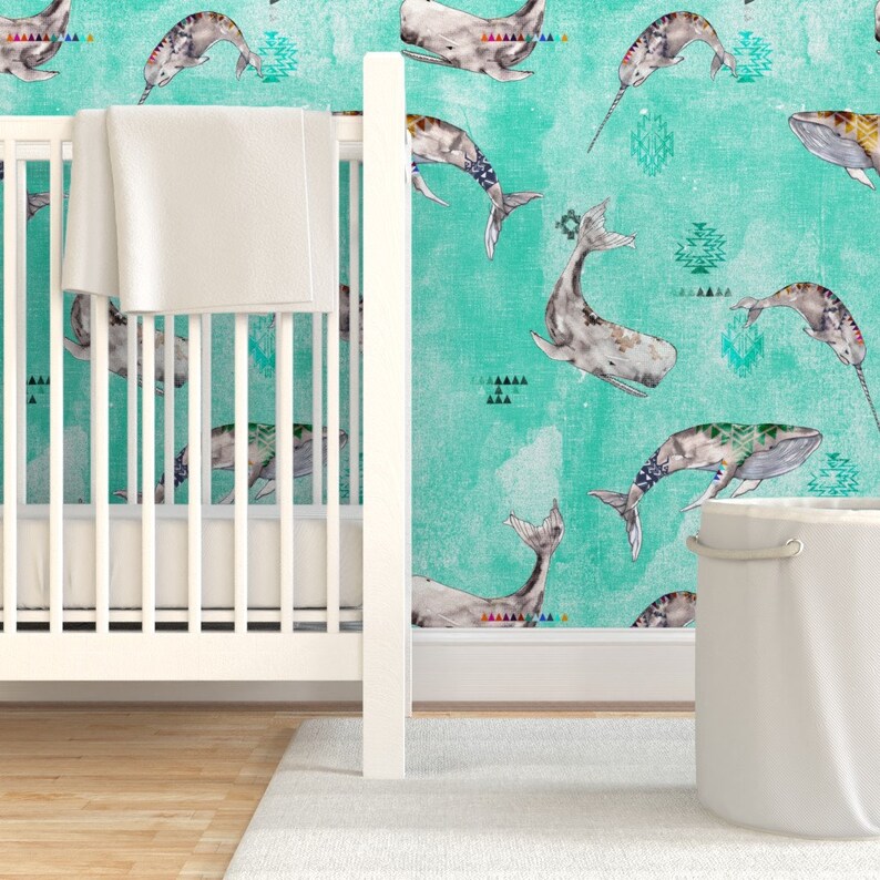 Boho Whale Wallpaper whale Tribe Small Aqua by Nouveau - Etsy