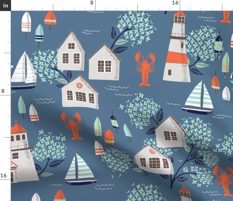 Nantucket Blue Beach Houses Nautical Fabric Nantucket Summer | Etsy