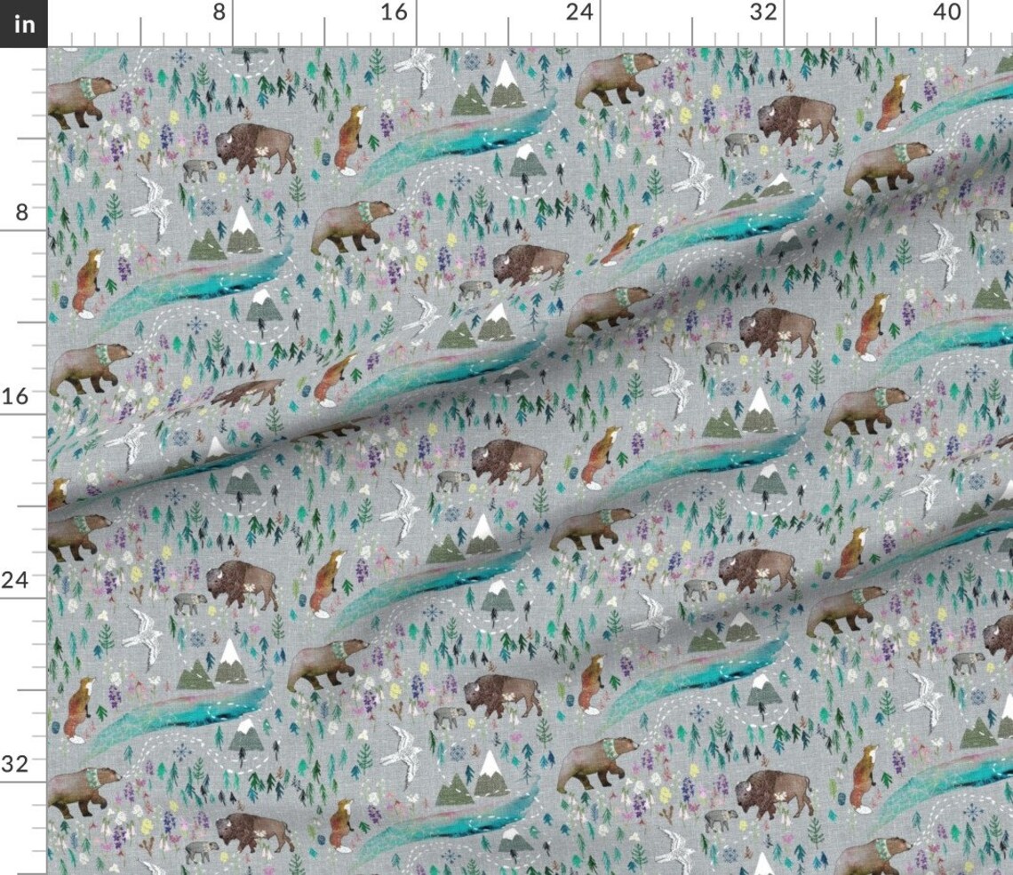 Bison Fabric Summer Aurora by Nouveau Bohemian Boho Bear - Etsy