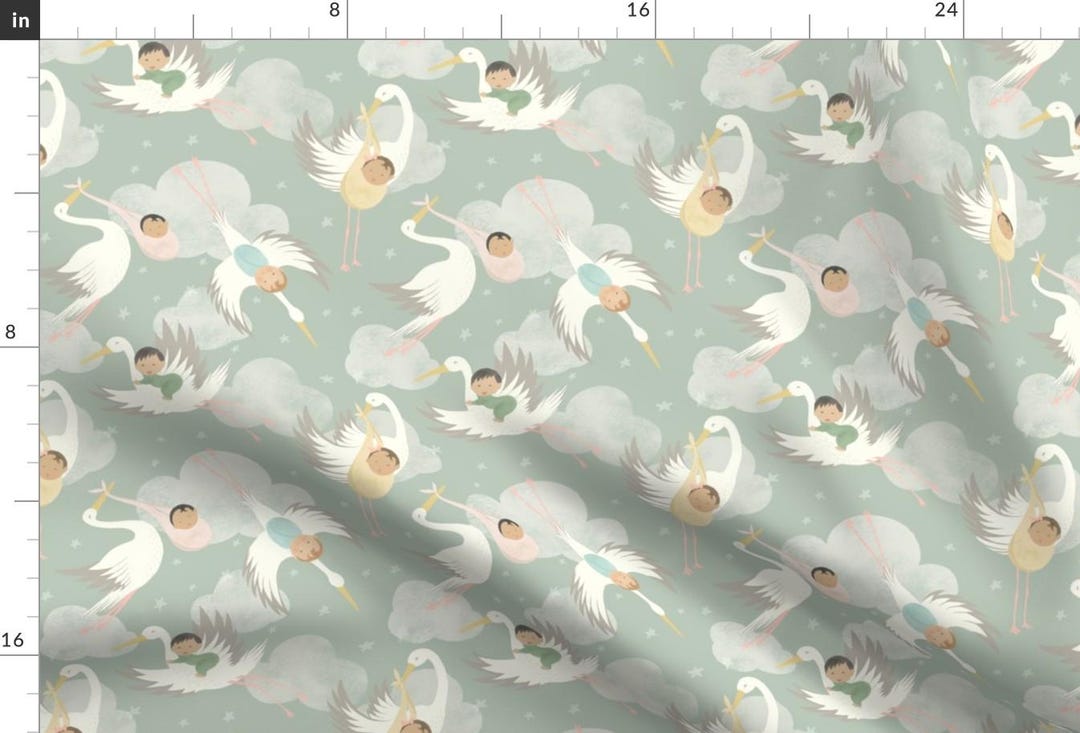 Stork and Baby Apparel Fabric - Stork and Baby by Artypeaches - Sage ...