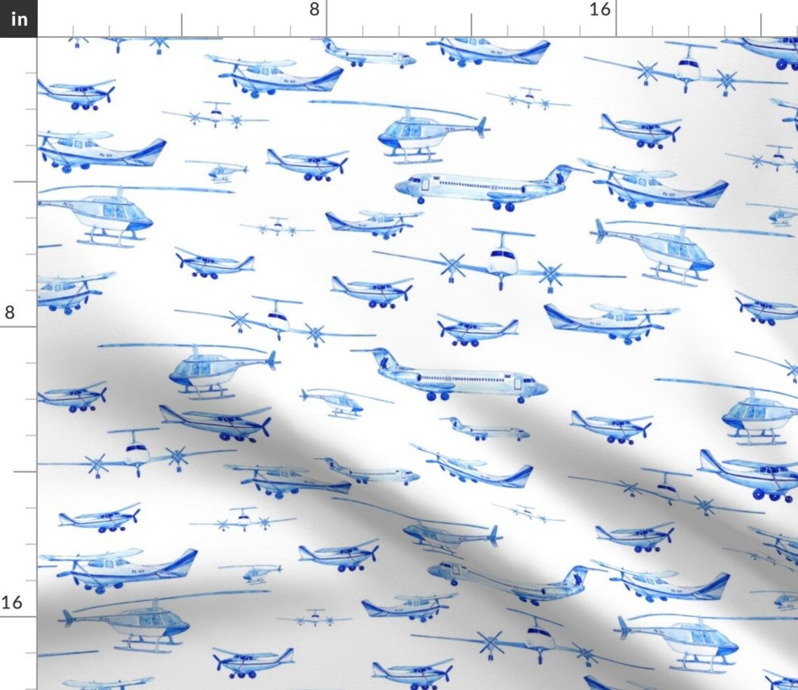 Blue Watercolor Airplanes Fabric Blue Planes White by - Etsy