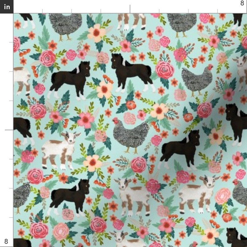 Floral Farmyard Fabric Goat Pony and Chicken Fabric by | Etsy