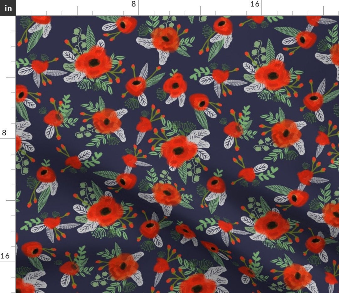 Poppy Fabric Poppies Floral Fabric Dark Navy by Charlottewinter Red ...