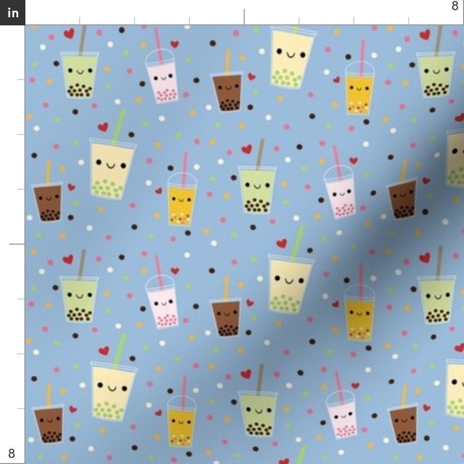 Boba Fabric Happy Boba Bubble Tea Blue by Clayvision - Etsy