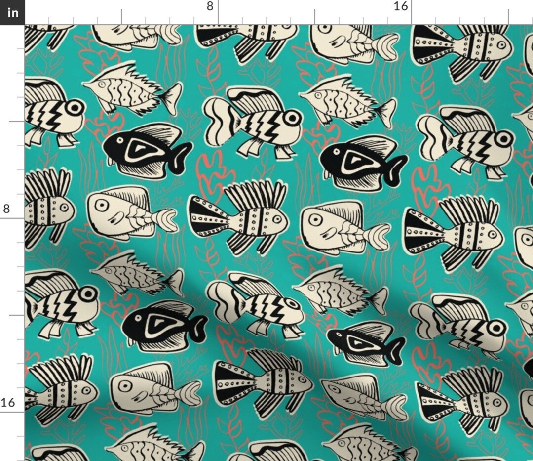 Teal Blue Cartoon School of Fish Fabric Funky Fish by Dk - Etsy