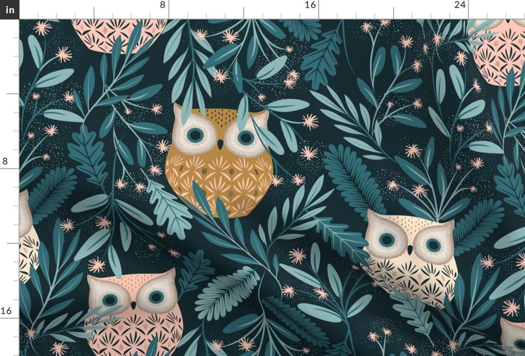 Nocturnal Animals Fabric - Nocturnal Animals by Garabateo - Teal Owl ...