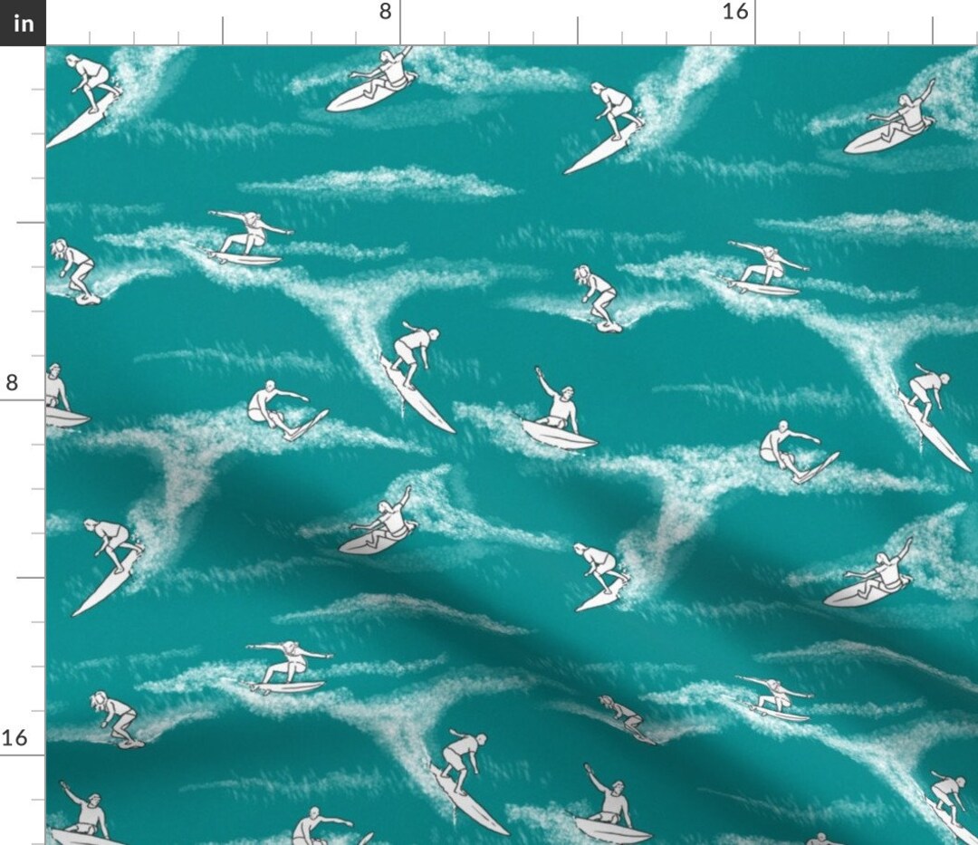 Ocean Waves Surfing Fabric Surfers on Turquoise by - Etsy