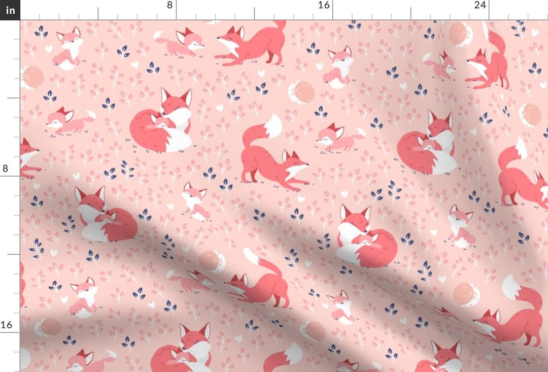 Pink Fox Fabric - Fox Mama - Peach Leaves by Ewa Brzozowska - Woodland ...