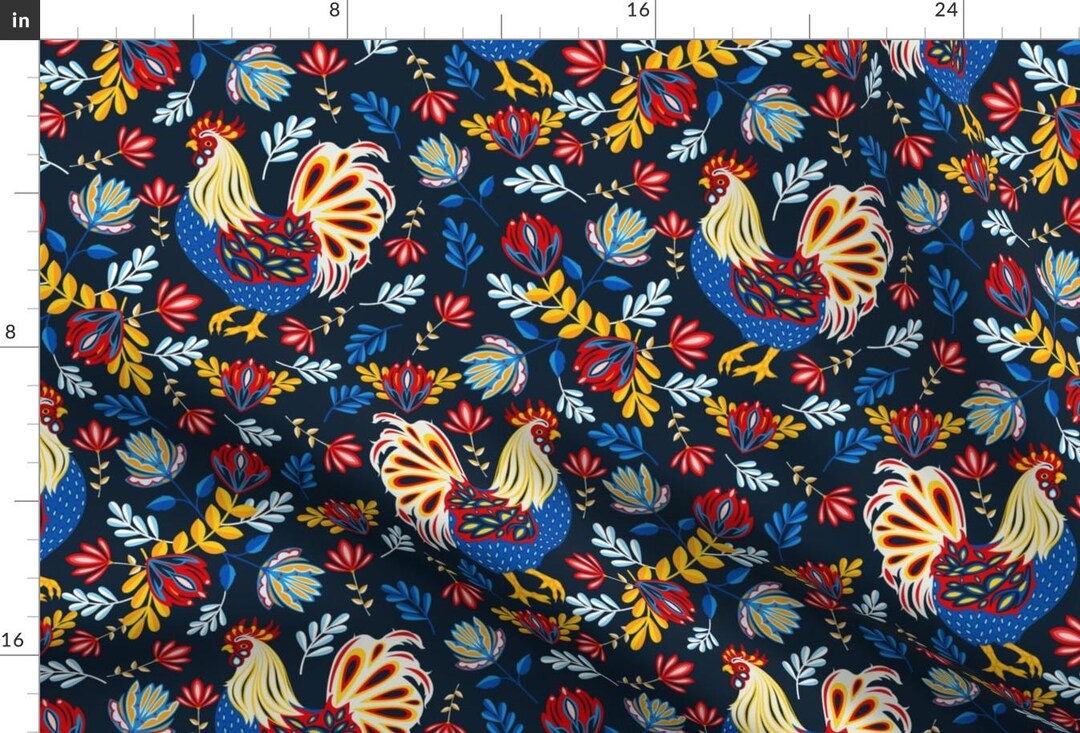 Floral Blue and Red French Rooster Fabric - French Rooster by ...