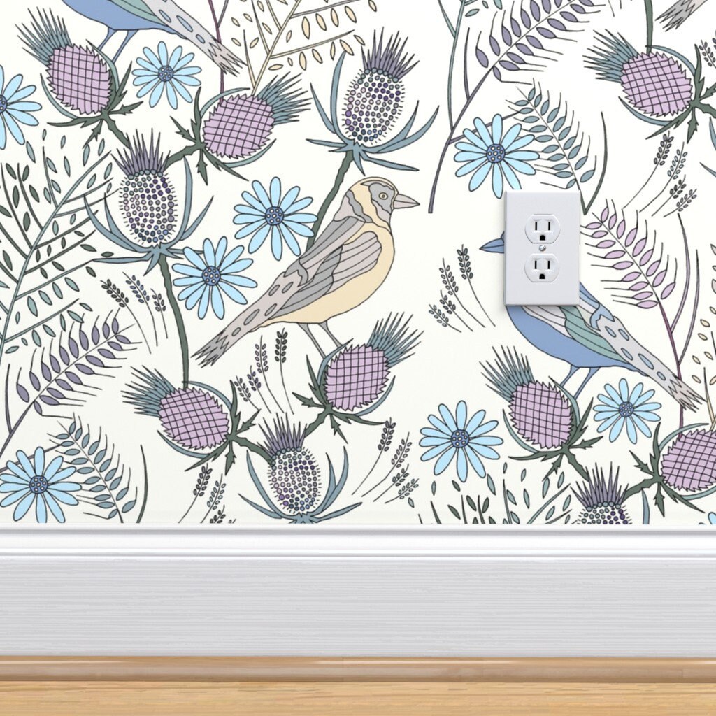 Birds Wallpaper Thistle Birds Cream By De-Ann Black Birds | Etsy