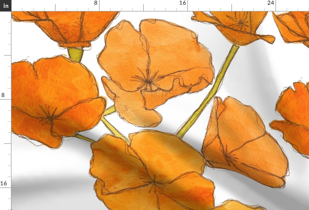 California Poppy Fabric - Poppy Large Scale by Studiodena - Watercolor ...