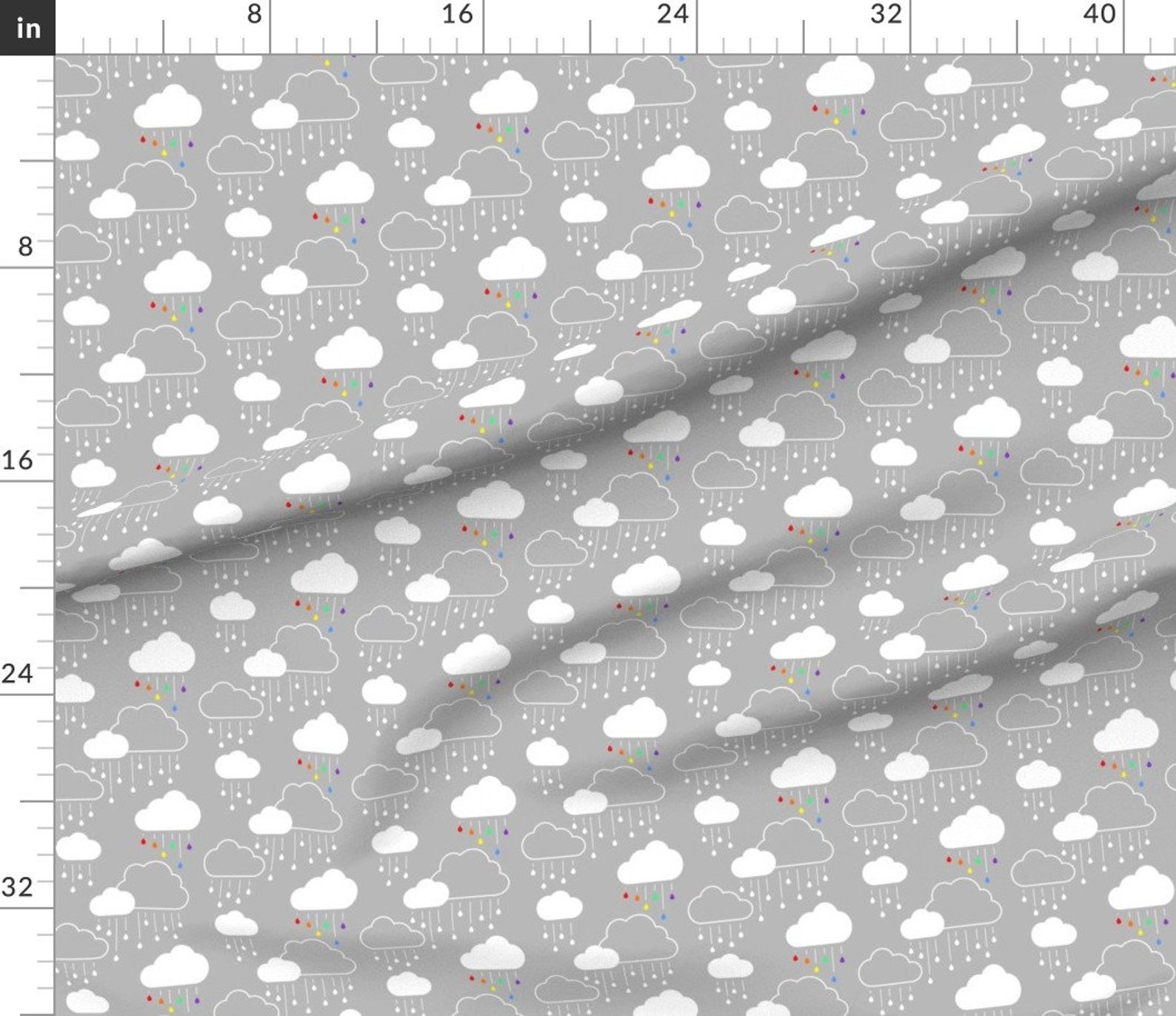 Rain Fabric Clouds Rain White and Rainbow on Gray by - Etsy