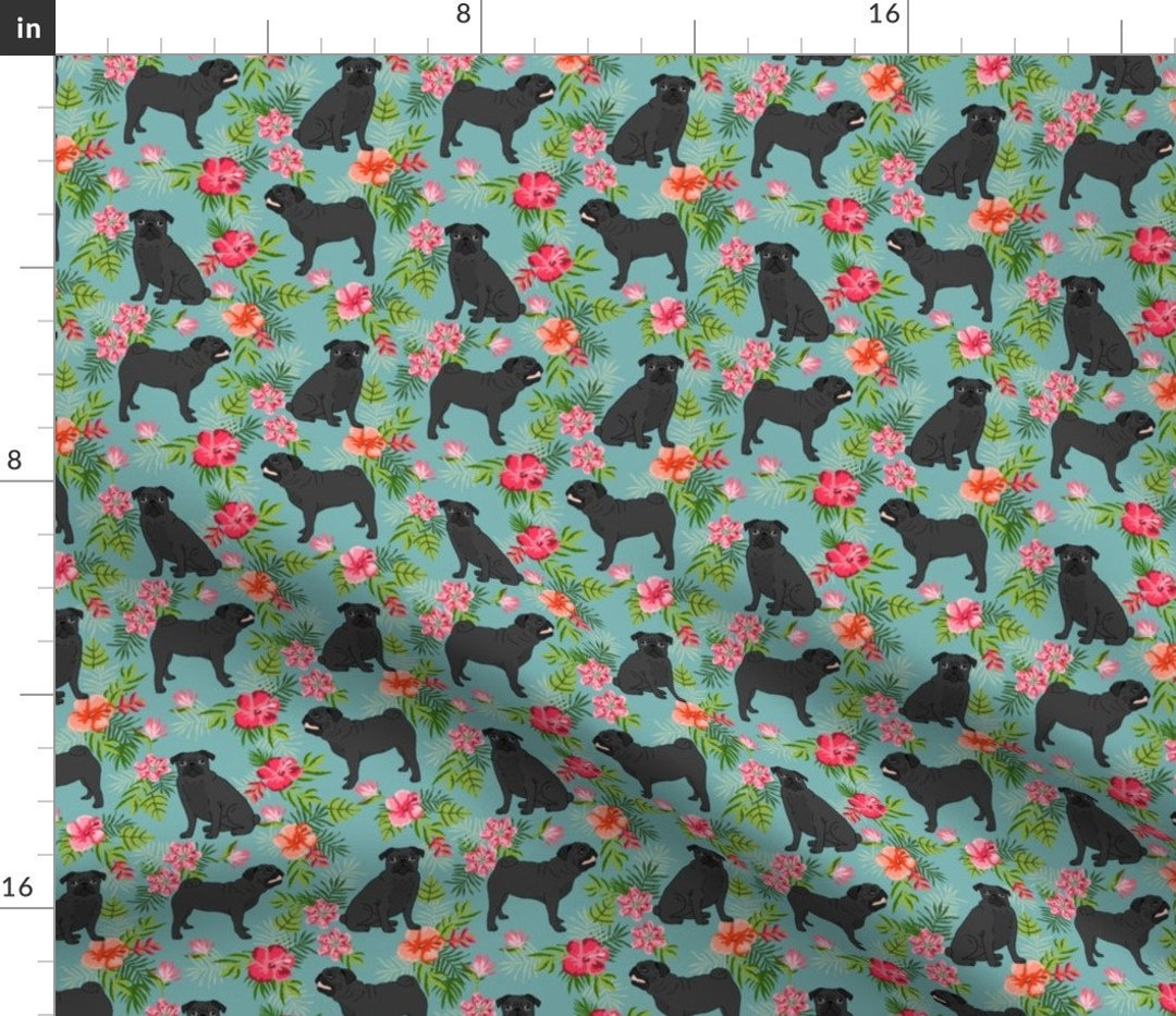 Hawaiian Pugs Fabric Black Pug Hawaiian Fabric by Petfriendly Tropical ...