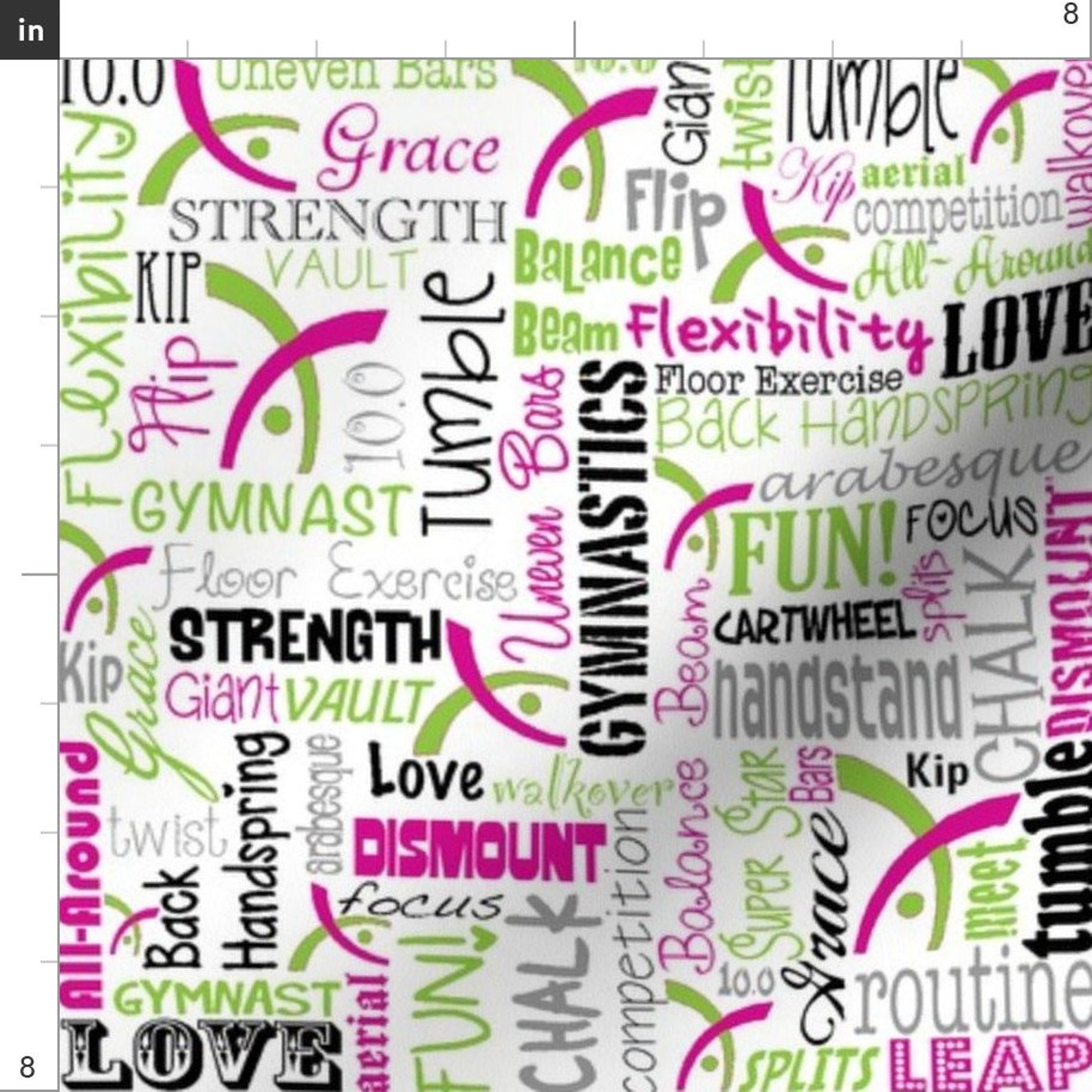 Gymnastic Fabric Gymnastics Words Pink Green by Heathertm13 - Etsy