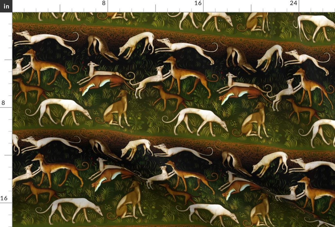 Playful Greyhounds Fabric - Sighthounds by Iizzard- Vintage Animal Pet ...