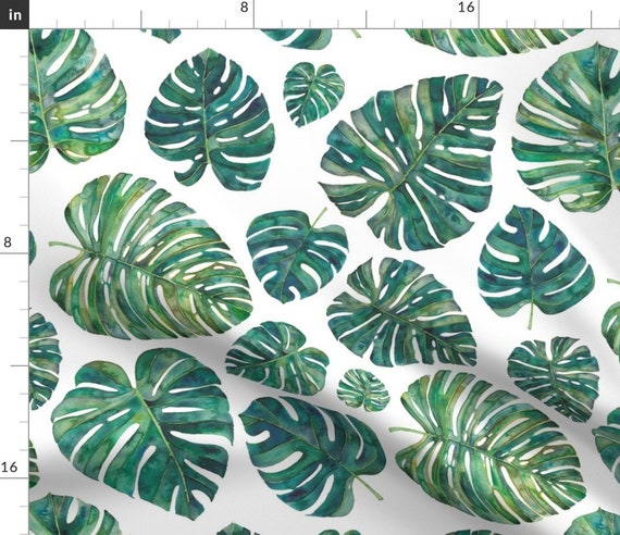 Watercolor Monstera Leaf Fabric Tropical Leaves by Elena | Etsy