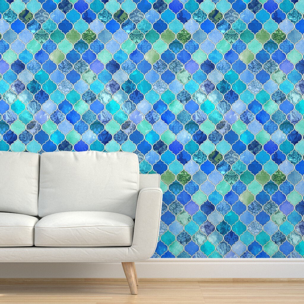 Moroccan Wallpaper Cobalt Blue and Aqua Decorative Tiles by | Etsy