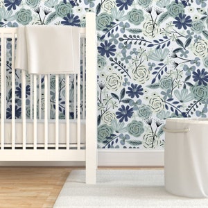 Blue Boho Floral Wallpaper Flower Child Boho by Roochita Sage Green ...