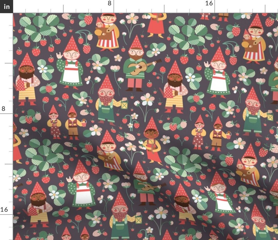 Gnomes Fabric Gnome Diversity in Strawberry Garden by Milva - Etsy