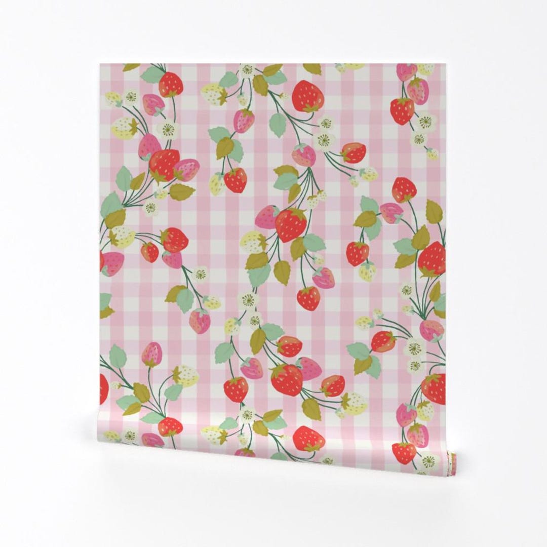 Strawberry Gingham Removable Peel and Stick Wallpaper - Berries - Wall ...