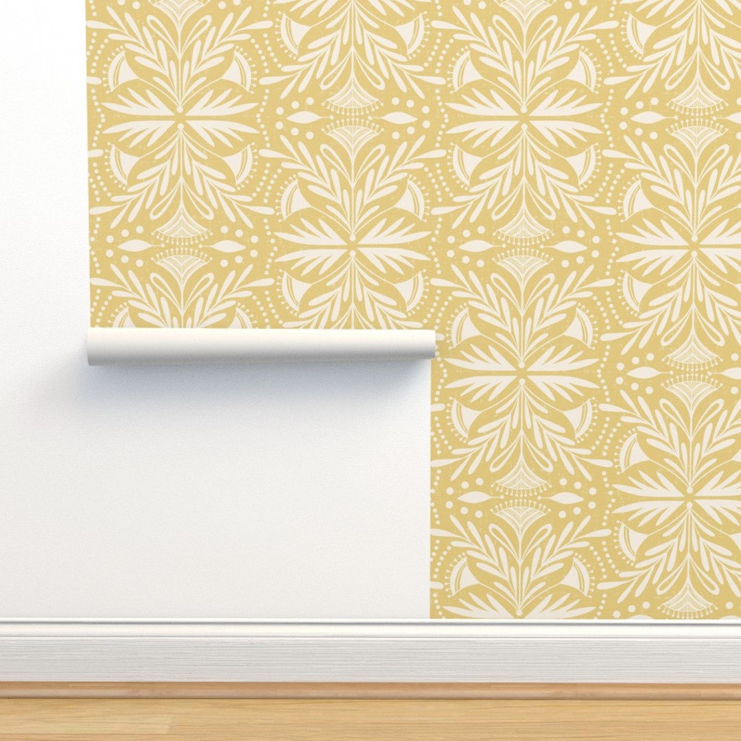 Floral Wallpaper Lenox Damask Buttercream Yellow Jumbo by - Etsy