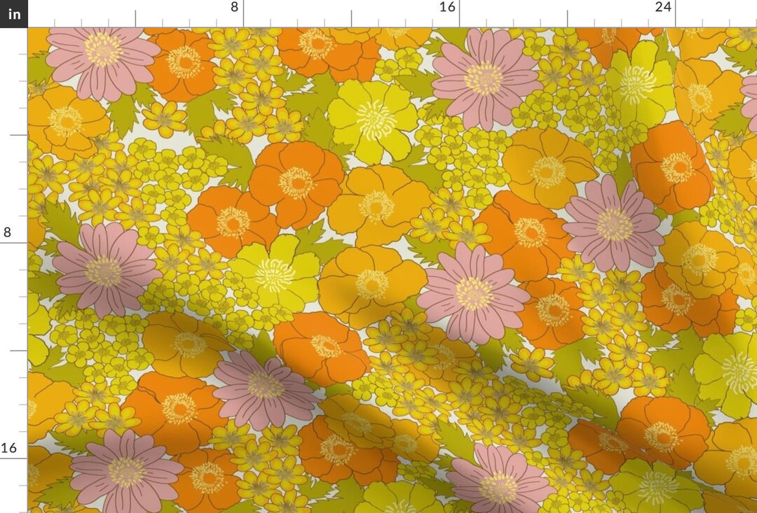 Retro Floral Fabric - Retro Buttercup by Mariarein - Groovy Hippie Mid ...