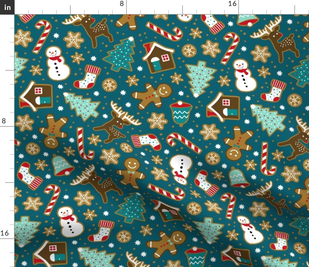 Gingerbread Fabric Christmas Gingerbread Cookies on Teal by | Etsy