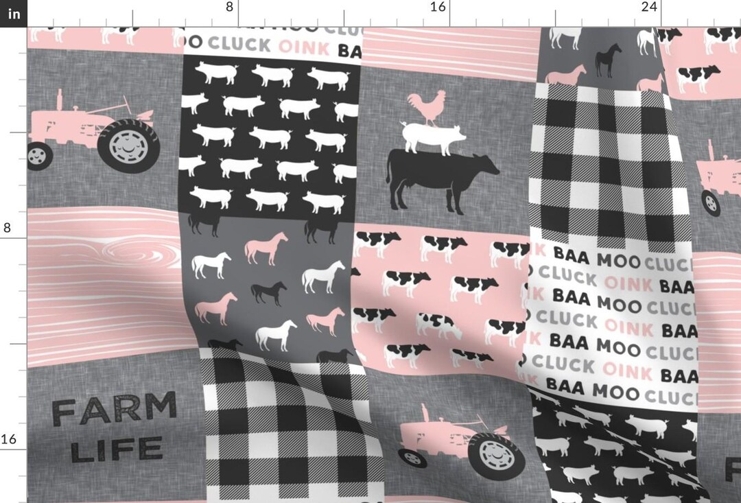Farm Fabric - Farm Life Patchwork Fabric Pink and Grey Linen by ...
