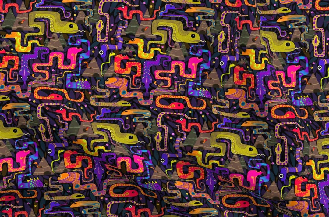 Reptilia Fabric Snazzy Snakes by Geetanjali Retro Colorful Black Maze ...