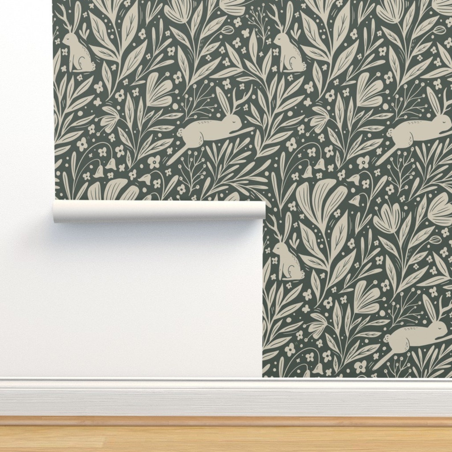 Jackalope Wallpaper Antlered Rabbits in the Flowers by - Etsy