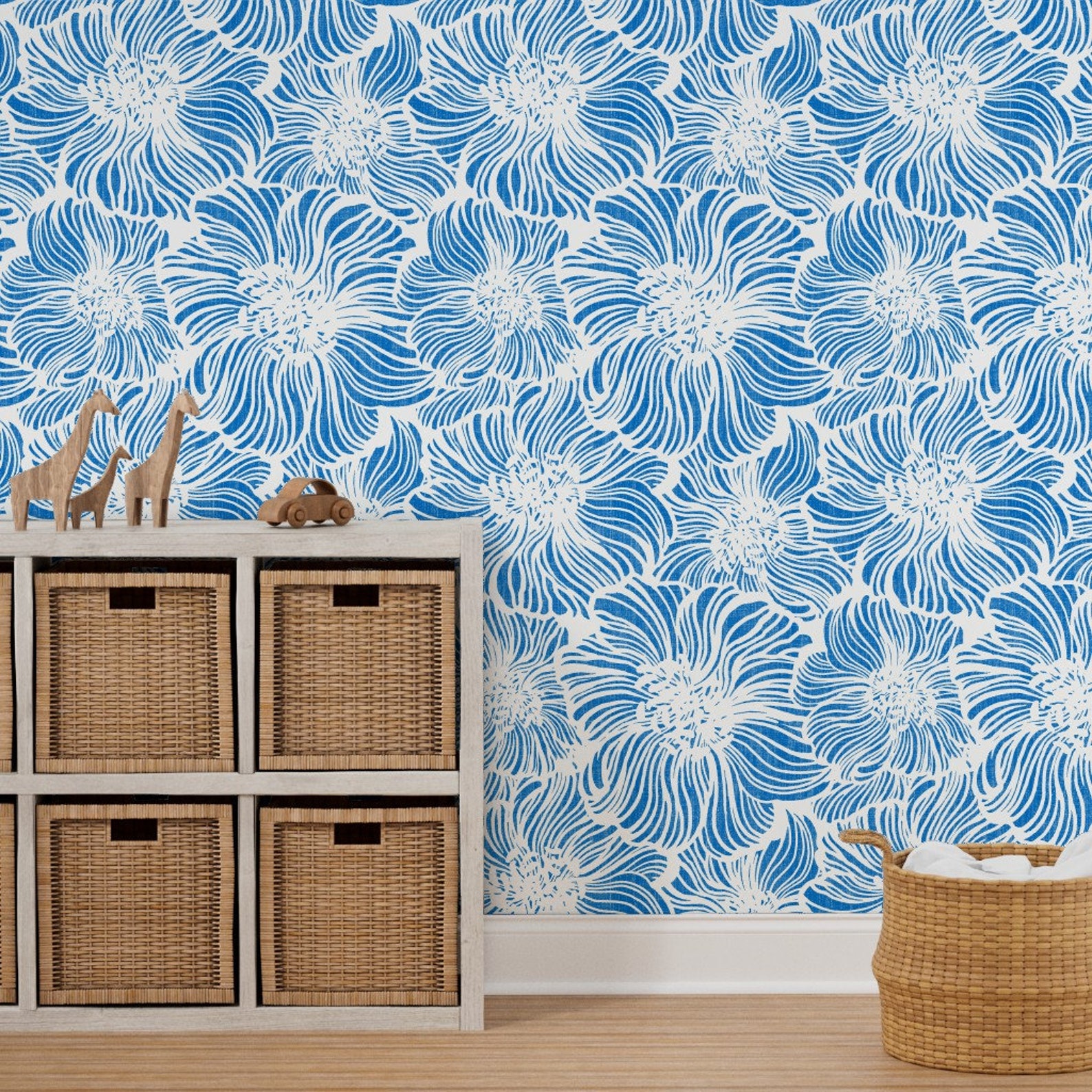 Floral Wallpaper Sunflower in Teal on Linen by Mpzstudio - Etsy