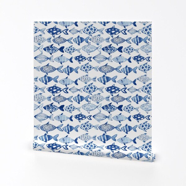 Blue and White Fish Wallpaper - Etsy